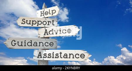 Help, support, advice, guidance, assistance - outline signpost with ...