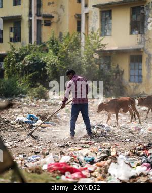 Man sweeping the trash with broom and polyhthene big garbage area, Man ...
