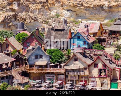 Mellieha, Malta - May, 2021: Popeye village in Malta. It is a film set ...