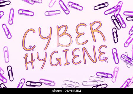 Hand writing sign Cyber Hygiene, Internet Concept steps that computer ...