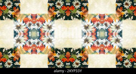 Floral patchwork quilt seamless border. Ornate geo swatch for exotic ...