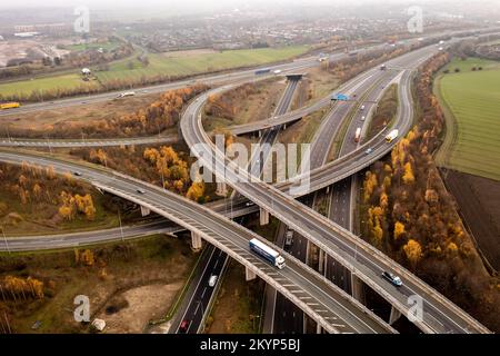 aerial view of the A1 and M62 motorway junction near Ferrybridge in ...