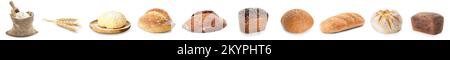Collage of crunchy loaves of bread on white background Stock Photo - Alamy