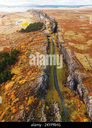Drone view, vertical photo of Thingvellir National Park where two ...