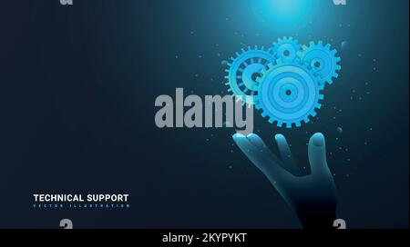 Gear engine. Technical wireframe hand. For digital support team ...
