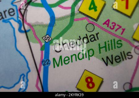 Cheddar, United Kingdom atlas map town name - sepia Stock Photo - Alamy