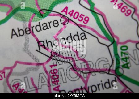 Rhondda, United Kingdom atlas map town name - black and white Stock ...