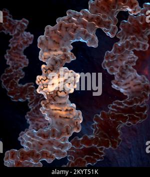 Spiral strands of DNA on the dark background. 3D illustration Stock ...