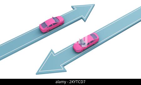 pink car go in different directions isolated on white. 3d rendering ...
