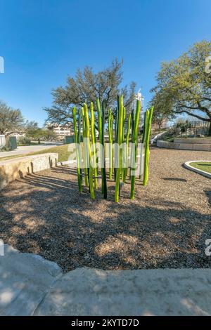 Austin, Texas- Playground at Waterloo Park with painted green wood ...