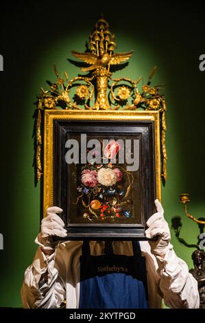 Jan de Heems’s Still life of flowers in a glass vase in a stone niche ...