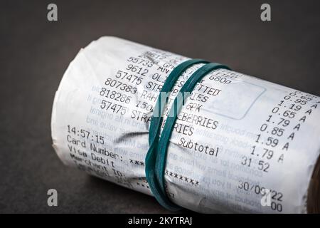 British shopping receipts roled in england uk Stock Photo - Alamy