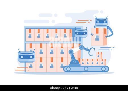 Warehouse robotics flat vector illustration. Operator, engineer control automatic loader, robot ...