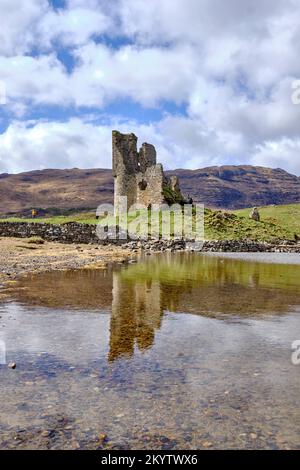 Ruins of Ardvark Castle on the shores of Loch Assynt, Scotland, UK ...