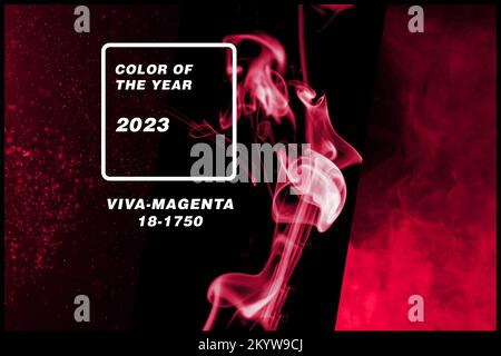 Collage of photo of wisp of smoke on black background in magenta ...