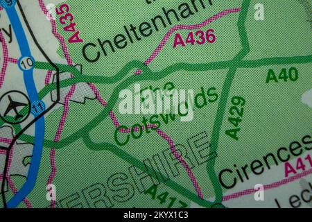 The Cotswolds, United Kingdom atlas map town name - black and white ...