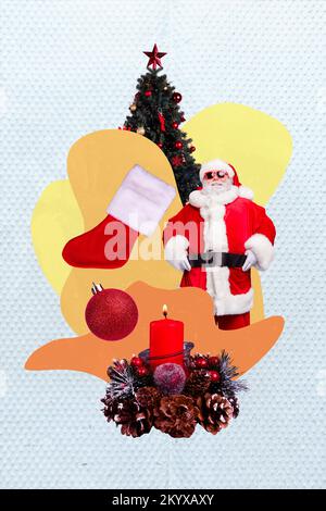 Collage photo banner of old age pensioner santa claus dancing celebrate ...