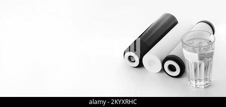 Banner of three of cartridges for water filter with clear fresh glass ...