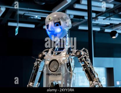 Robothespian Engineered Arts modern humanoid robot closeup, exhibit ...