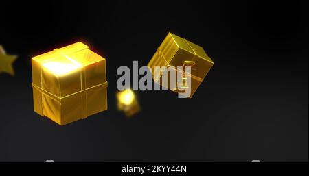 Image of gold stars and presents falling over black background Stock ...