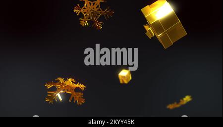 Image of gold presents and snowflakes falling over black background ...