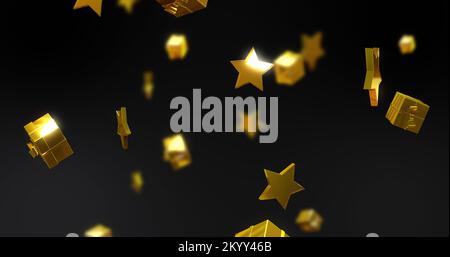 Image of gold stars and presents falling over black background Stock ...