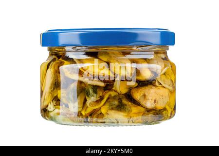 Glass jar with conserved mussels isolated on the white background. File ...