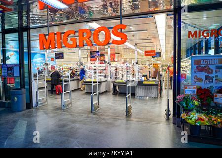 GENEVA, SWITZERLAND - SEPTEMBER 19, 2015: entrance to Migros ...