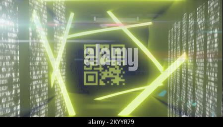 QR code scanner against screens of network of connections Stock Photo ...