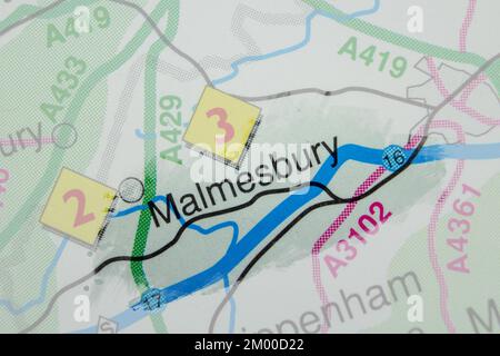Malmesbury, United Kingdom atlas map town name - tilt-shift Stock Photo ...