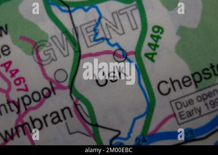 Usk, United Kingdom atlas map town name - black and white Stock Photo ...