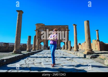 White Tourist posing with an ancient Bridge Sidi Rached in Constantine ...