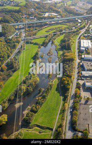 Aerial view, river Lenne renaturation, Lenne floodplain, autumn colors ...