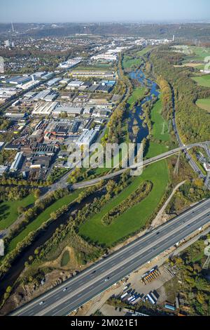 Aerial view, river Lenne renaturation, Lenne floodplain, autumn colors ...