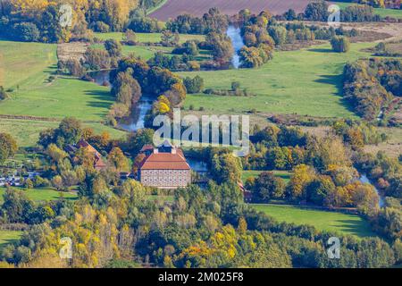 Aerial view, Oberwerries Castle, Lippe floodplain, Oberwerrieser Mersch ...