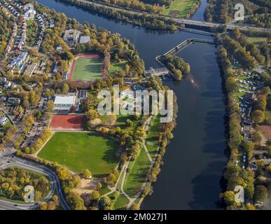 Luftbild, Wehr Stiftsmühle, neue Radwegbrücke, Autobahn A1, Volme ...