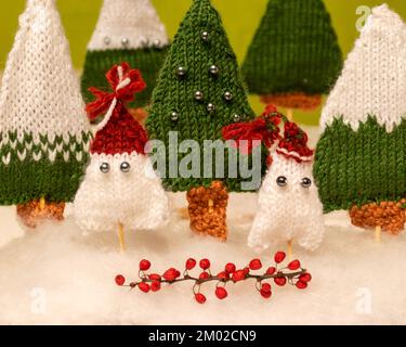 knitted trees and gnomes, knitted Christmas decorations, waiting for ...