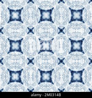 Indigo dye wash coastal damask seamless border pattern. Washed out ...