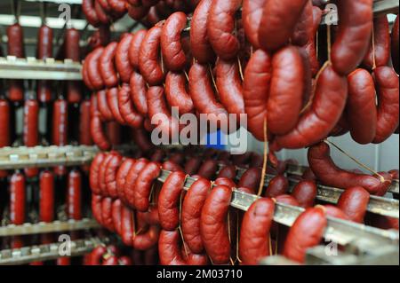 a lot of smoked sausages on the metal shelves of the racks of the meat ...