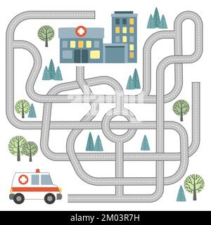 Maze game with vehicles and tangled road. Help the police car to reach ...
