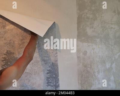 man pasting a strip of gray wallpaper on the room wall next to the ...