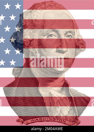 Double exposure of portrait first U.S. president George Washington with ...