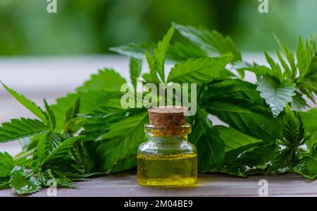 hemp oil in jars close-up. On a wooden background. Selective focus ...
