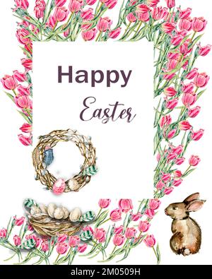 Hand drawn watercolor card template with pink tulips. Illustration of ...