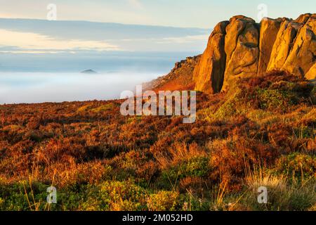 The Roaches ridge with autumn mists below, Peak District National Park ...