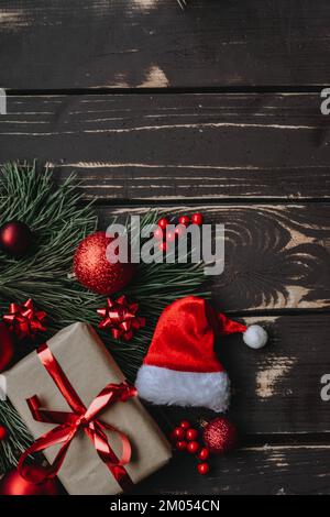 Christmass background gift boxe,red christmas tree toys,Santa hatn and ...