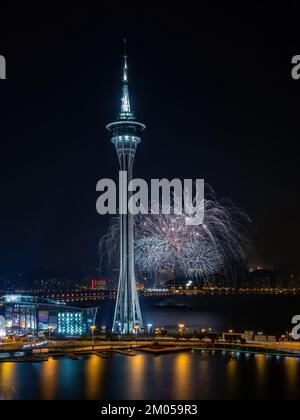 Night view of the fireworks over Macau Tower Convention and ...