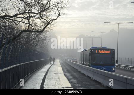 Stockholm, Sweden - November 13, 2022 - A foggy day at Västerbron ...
