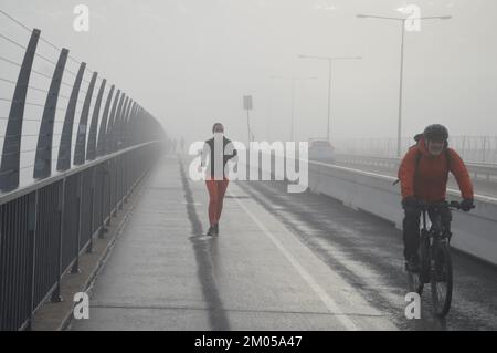 Stockholm, Sweden - November 13, 2022 - A foggy day at Västerbron ...
