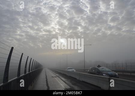 Stockholm, Sweden - November 13, 2022 - A foggy day at Västerbron ...